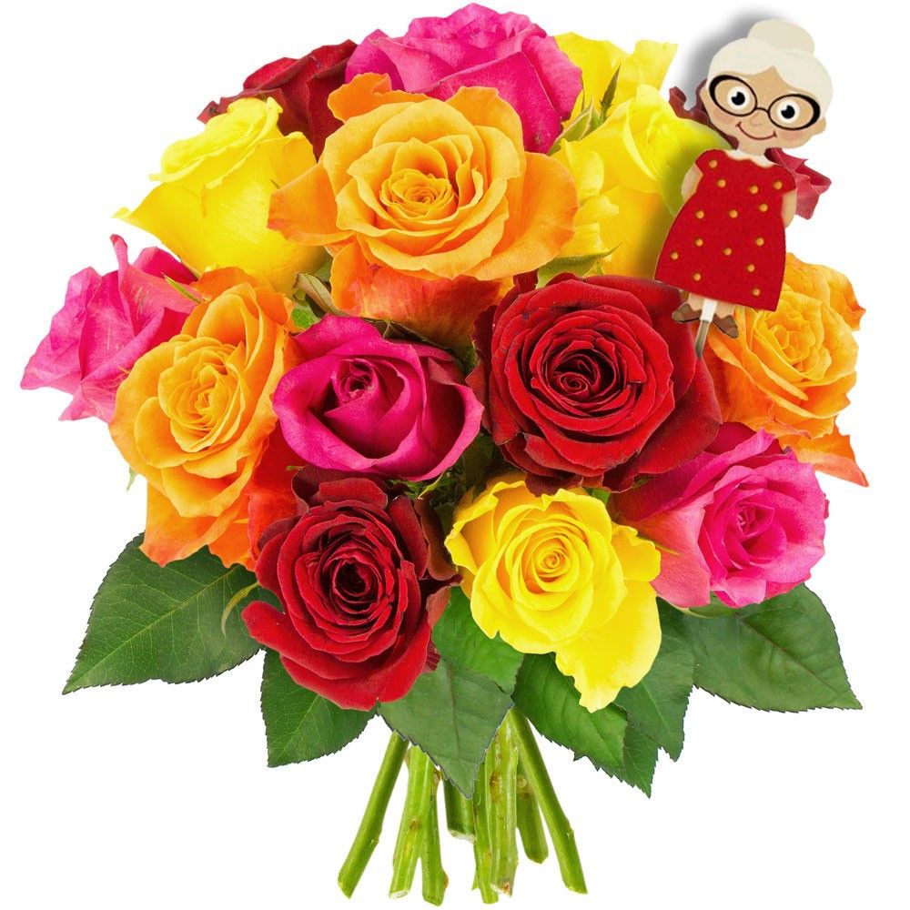 Bouquet de roses "15 ROSES MULTICOLORES + PIC MAMIE" - Livraison ...