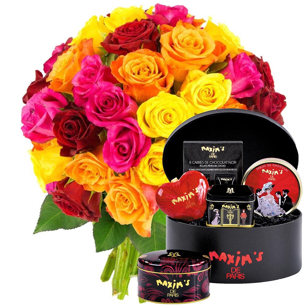 Bouquet de roses "40 ROSES MULTICOLORES + COFFRET MONTMARTR ...