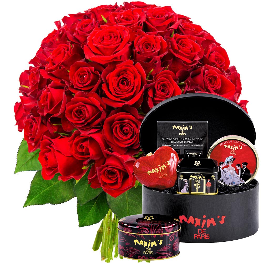 Cadeaux Gourmands "50 ROSES ROUGES + COFFRET MONTMARTRE" - Livraison ...