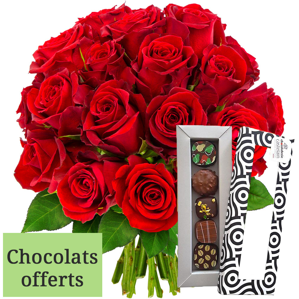 Cadeaux Gourmands "20 ROSES ROUGES + 5 CHOCOLATS" - Livraison Express ...