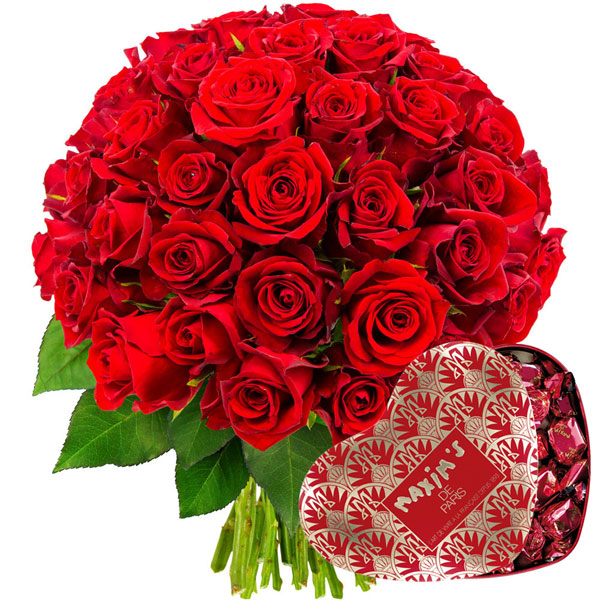 Cadeaux Gourmands "50 ROSES ROUGES + COEUR ROUGE DE CHOCOLATS ...