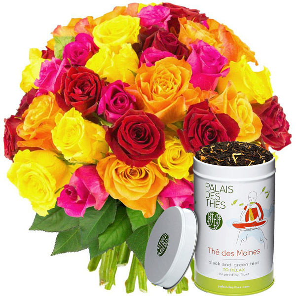 Cadeaux Bien-Etre "60 ROSES MULTICOLORES + THE DES MOINES" - Livraison ...