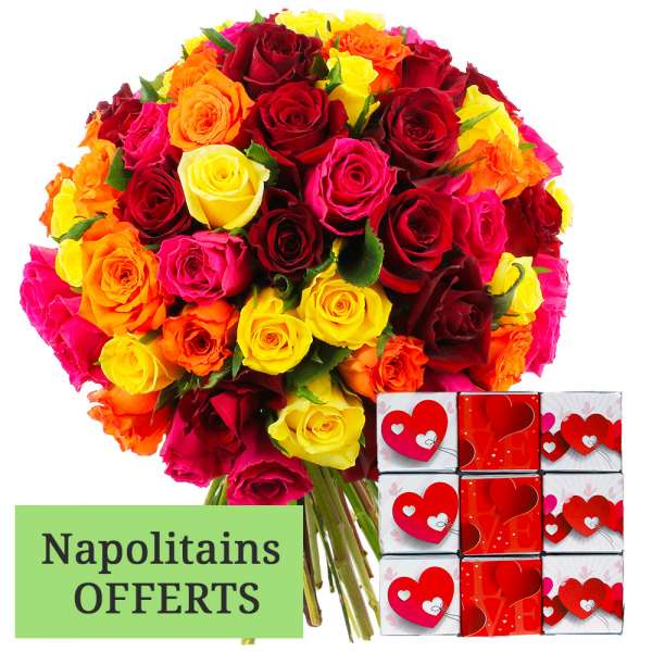 Bouquet de roses "70 ROSES MULTICOLORES + NAPOLITAINS" - Livraison ...
