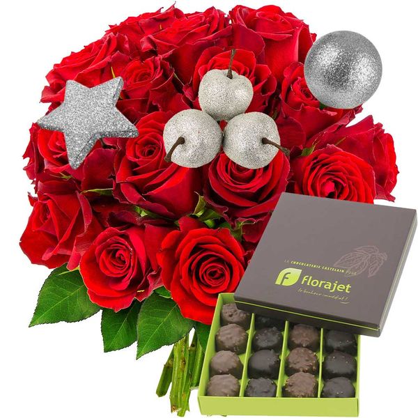 Cadeaux Gourmands "20 ROSES ROUGES + 3 PICS ARGENT + ROCHERS ...