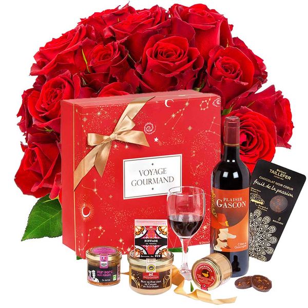 Cadeaux Gourmands "20 ROSES ROUGES + COFFRET VOYAGE GOURMAND ...