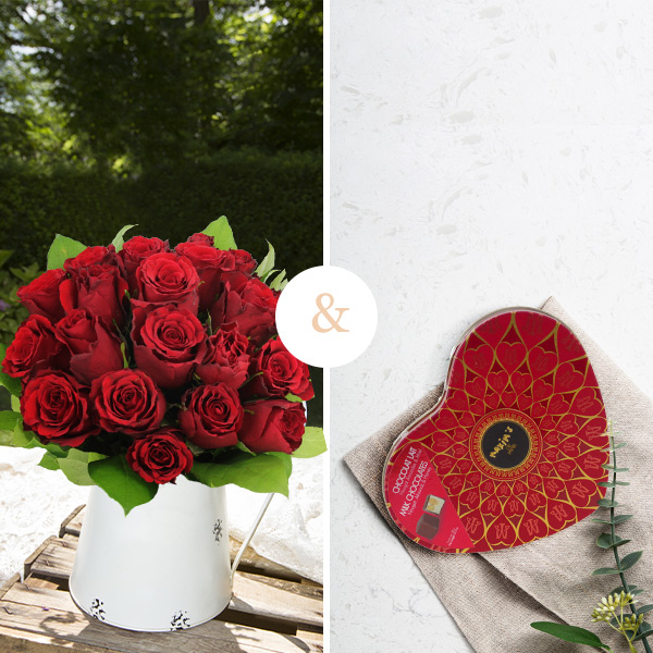 Cadeaux Gourmands "20 ROSES ROUGES + COEUR ROUGE DE CHOCOLATS ...