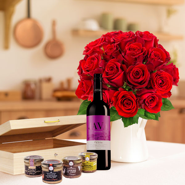 Cadeaux Gourmands "20 ROSES ROUGES + COFFRET MOMENT PLAISIR ...