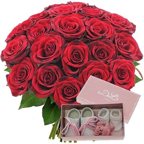 Cadeaux insolites "20 ROSES ROUGES + COFFRET NAISSANCE ROSE ...