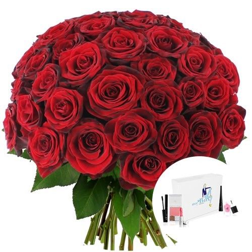 Bouquet de roses "50 ROSES ROUGES + COFFRET BEAUTE ROSE" - Livraison ...