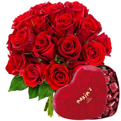 Cadeaux Gourmands "20 ROSES ROUGES + COEUR ROUGE DE CHOCOLATS ...