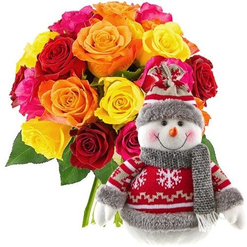 Cadeaux insolites "20 ROSES MULTICOLORES + BONHOMME DE NEIGE ...